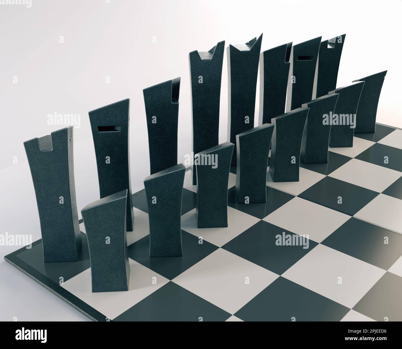 A minimalist metal chess set setup to begin on a checkered board and ...