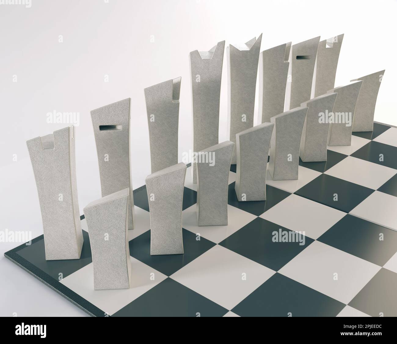 A minimalist metal chess set setup to begin on a checkered board and ...