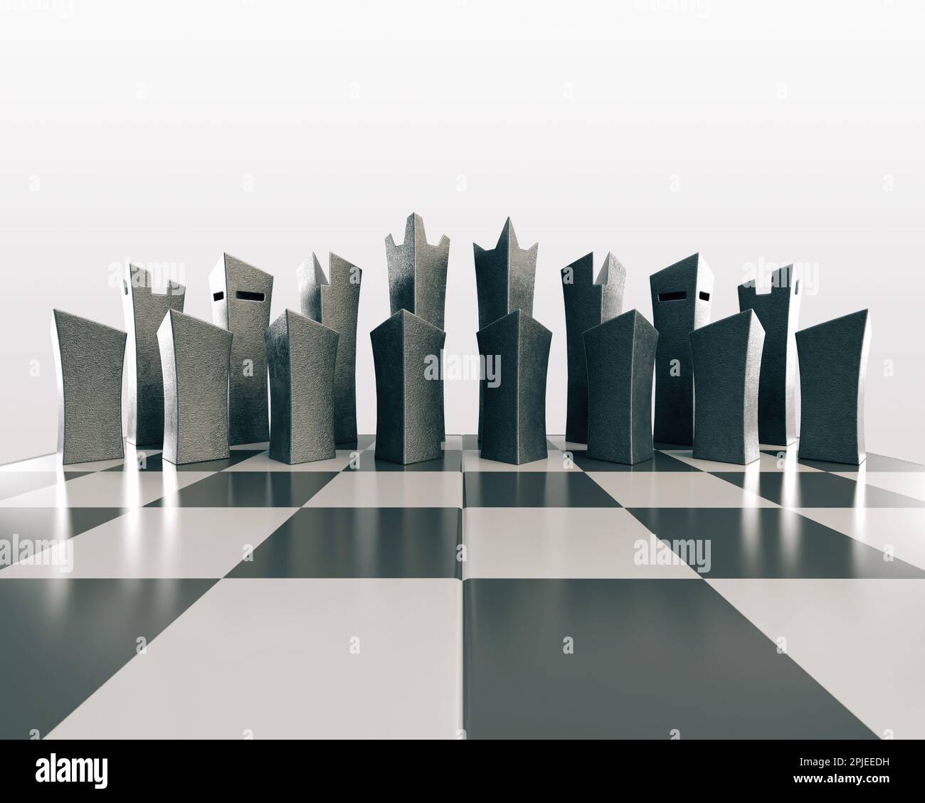 A minimalist metal chess set setup to begin on a checkered board and ...