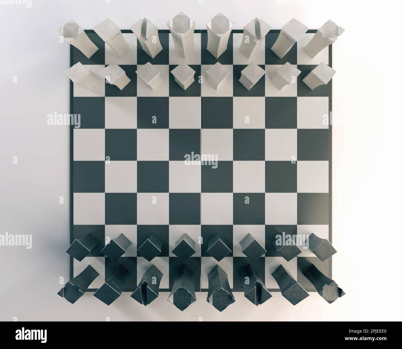 A minimalist metal chess set setup to begin on a checkered board and ...