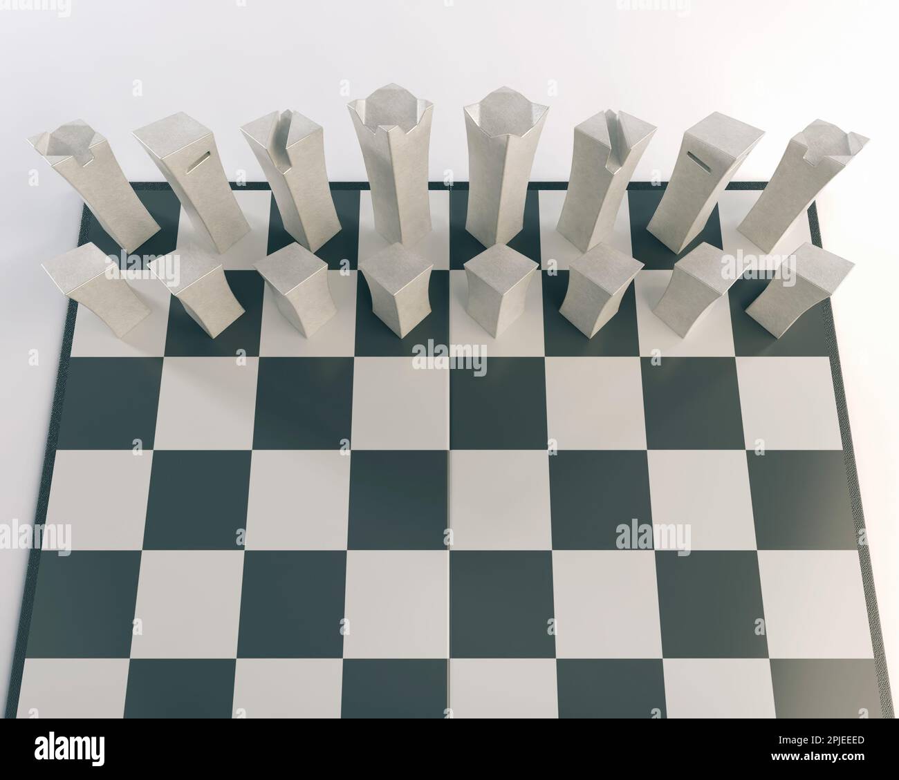 A minimalist metal chess set setup to begin on a checkered board and ...