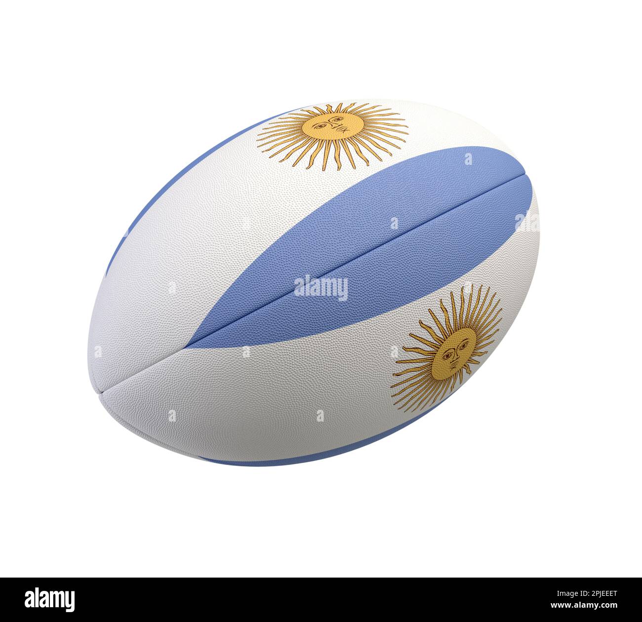 A white textured rugby ball with color design representing the ...