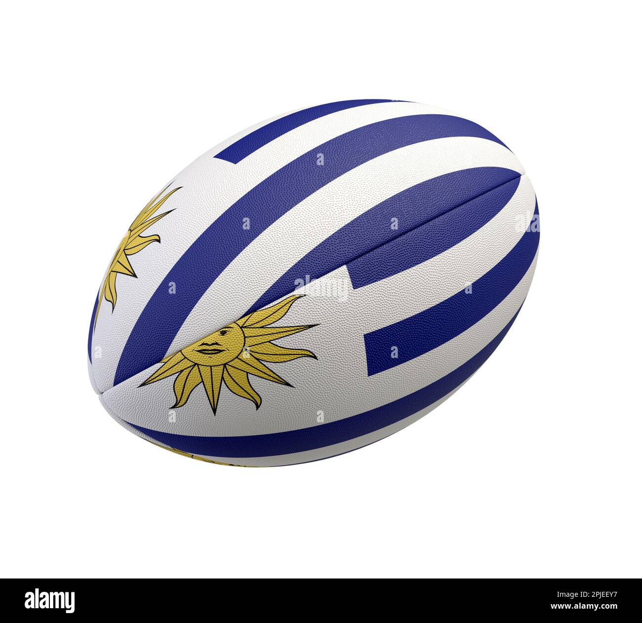 A white textured rugby ball with color design representing the Uruguay ...