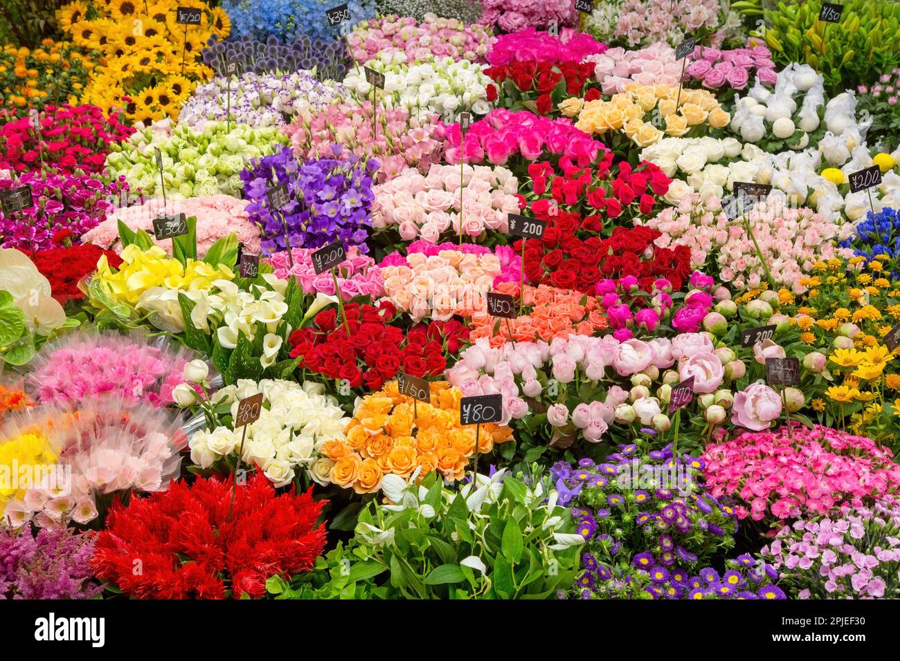 Street market in Osaka, Japan. Closeup showing an array of bouquets in ...