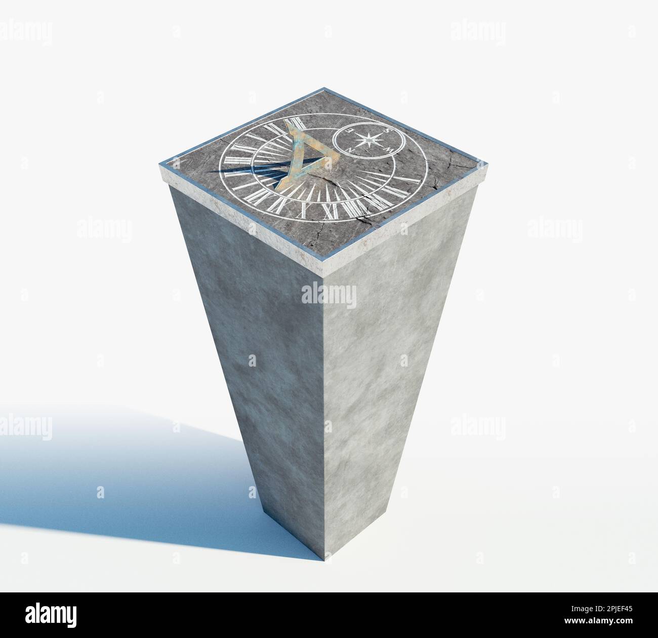 A square stone sundial with etched roman numerals standing an a ...