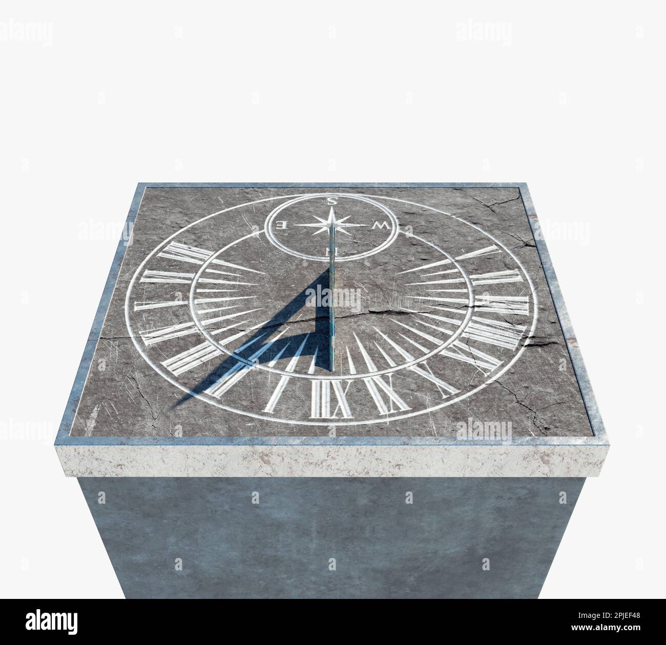 A square stone sundial with etched roman numerals standing an a ...