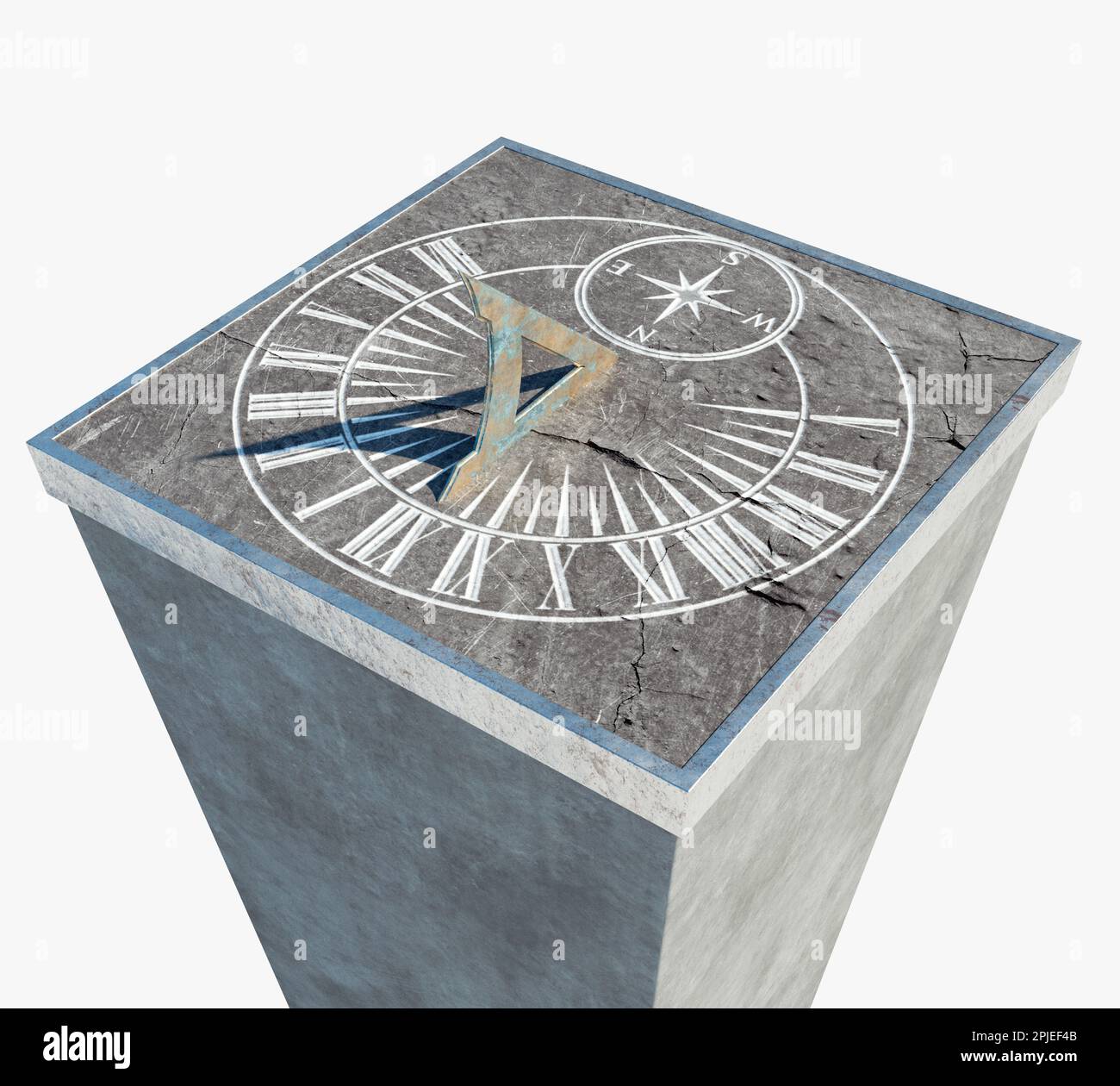 A square stone sundial with etched roman numerals standing an a ...