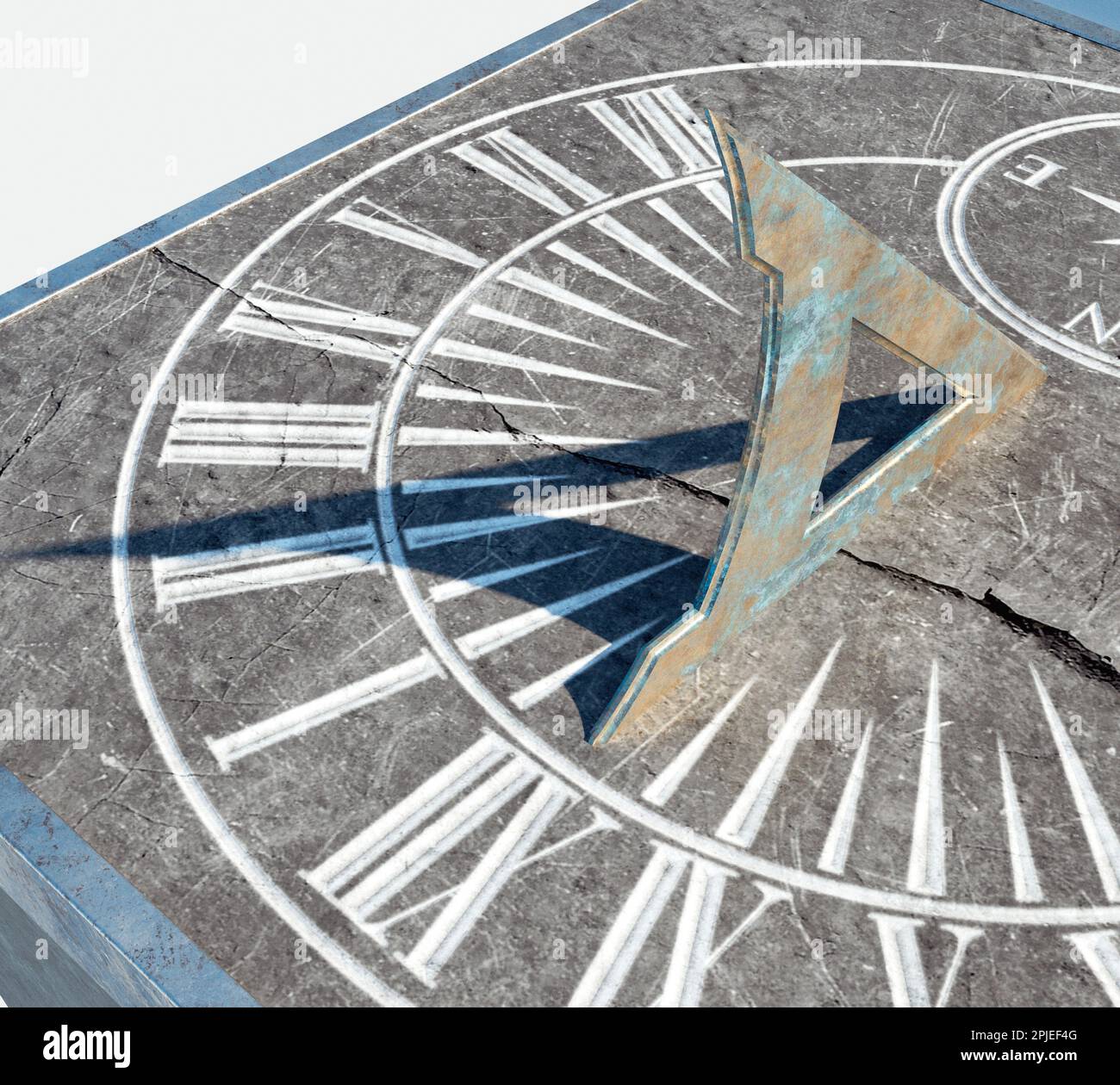 A square stone sundial with etched roman numerals standing an a ...