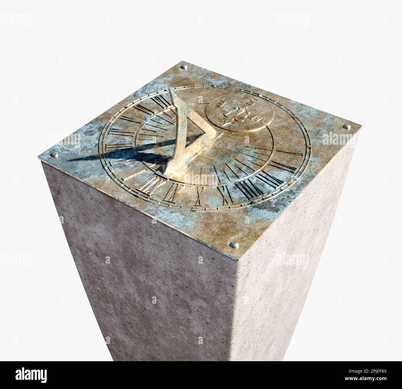 A square cast bronze sundial with roman numerals standing an a ...