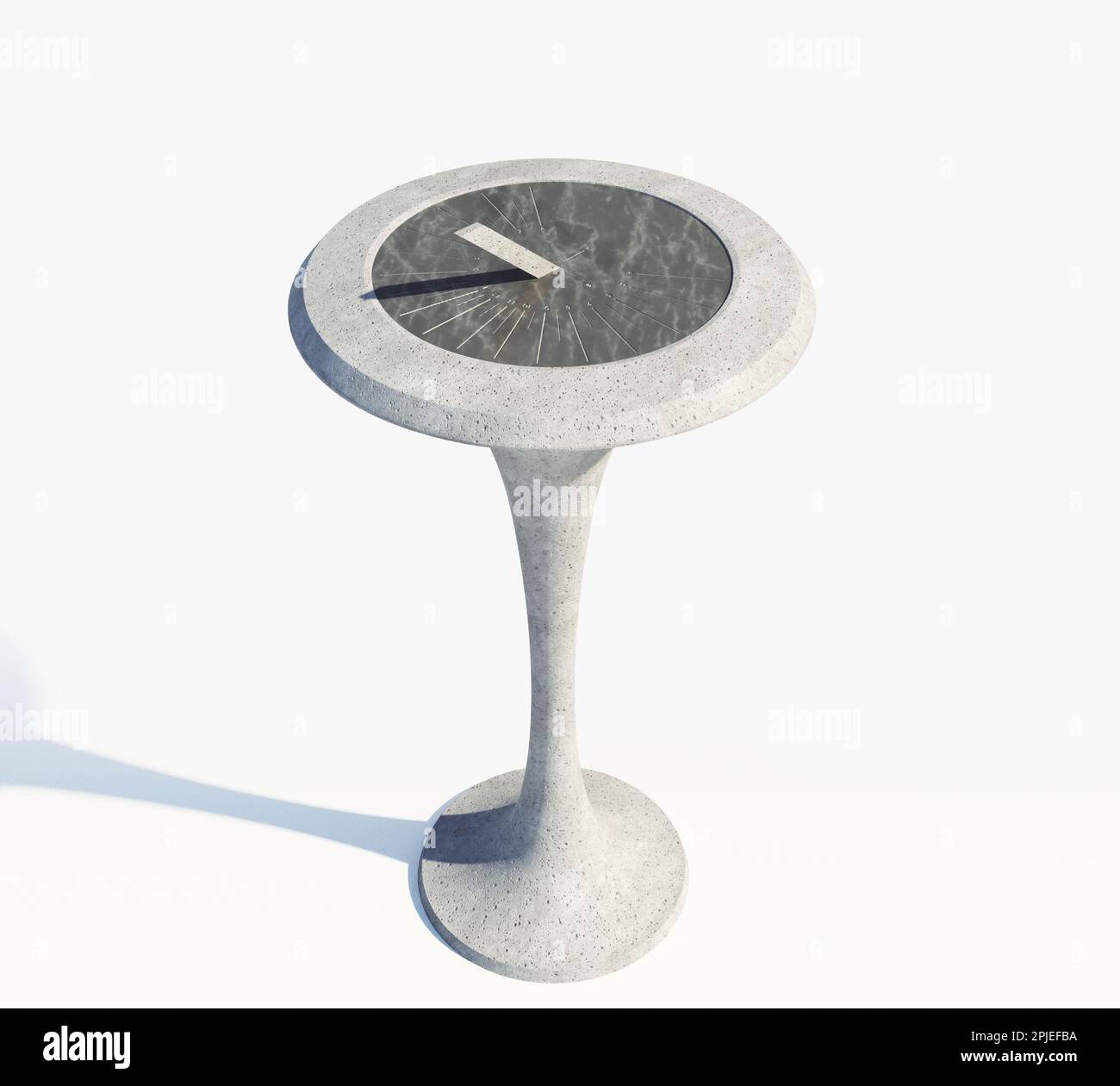 A modern round stone sundial with etched roman numerals standing an a ...