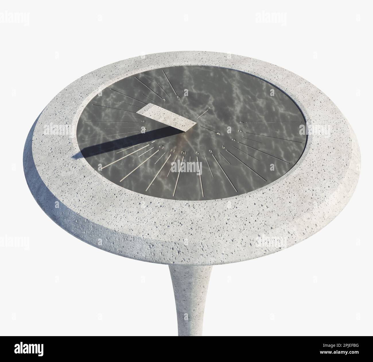 A modern round stone sundial with etched roman numerals standing an a ...
