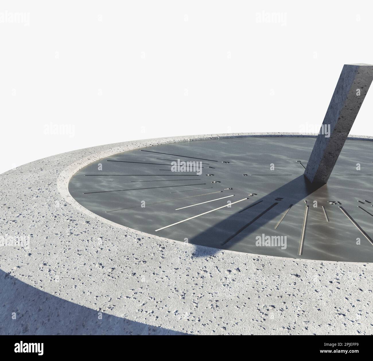 A modern round stone sundial with etched roman numerals standing an a ...