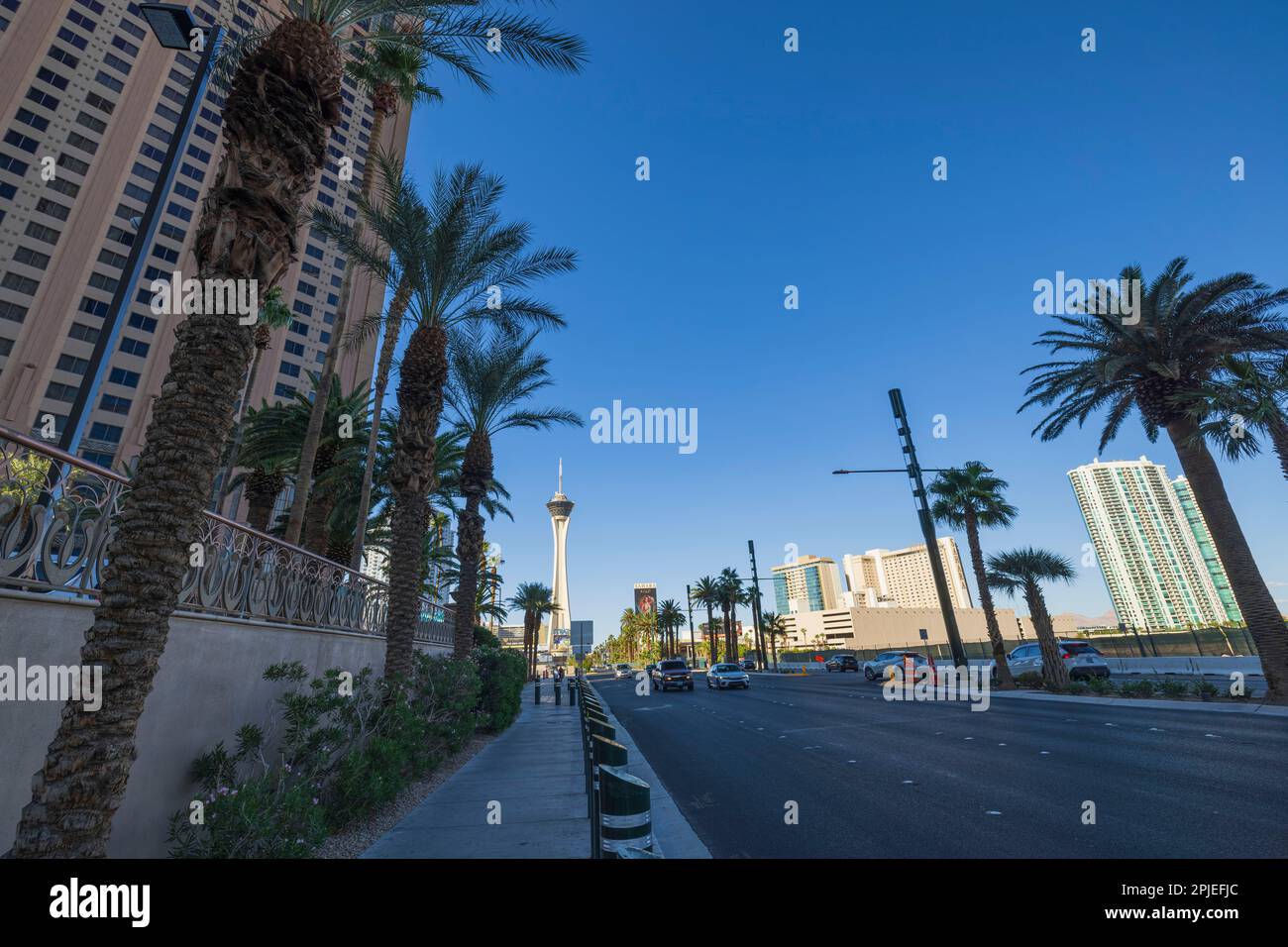 Beautiful view of main tower of Strat hotel-casino on Strip. Las Vegas ...