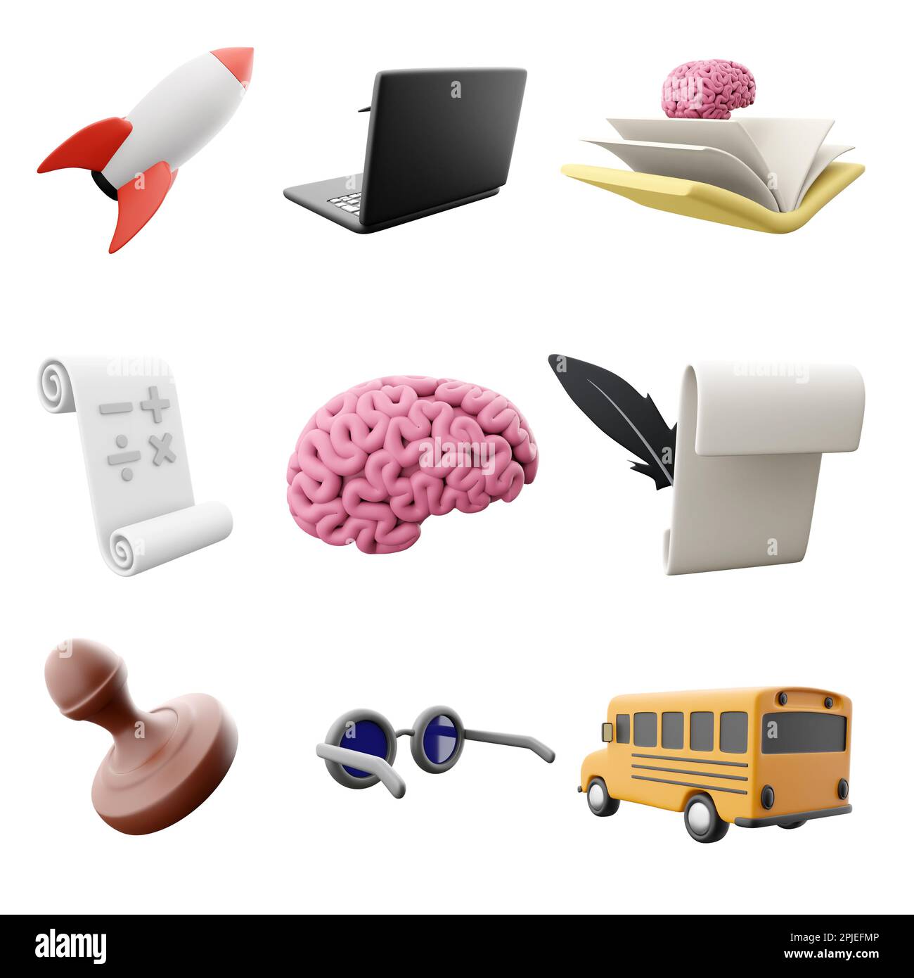 3d rendering rocket, laptop, open book with brain, mathematical signs ...