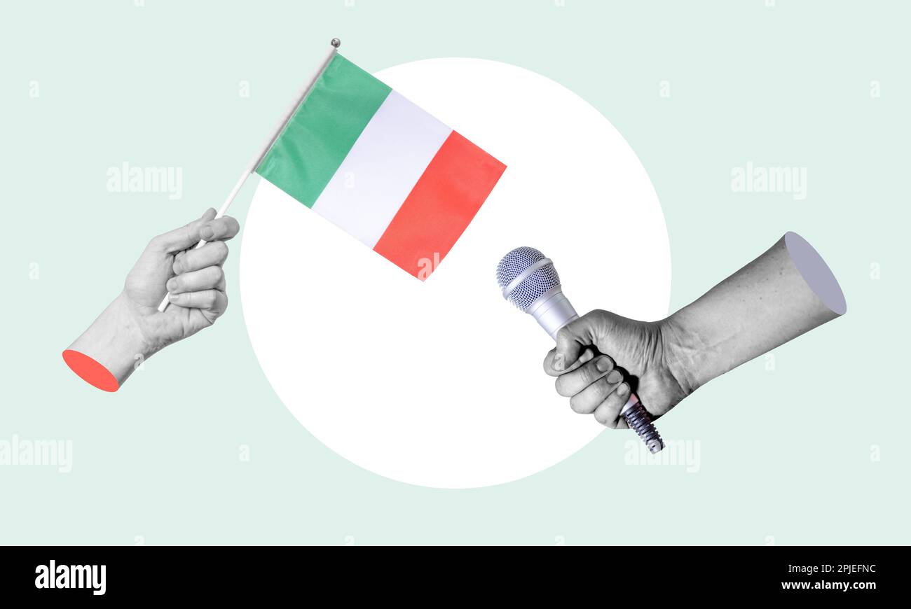 Art collage, collage of a hand holding the flag of Italy, microphone in ...