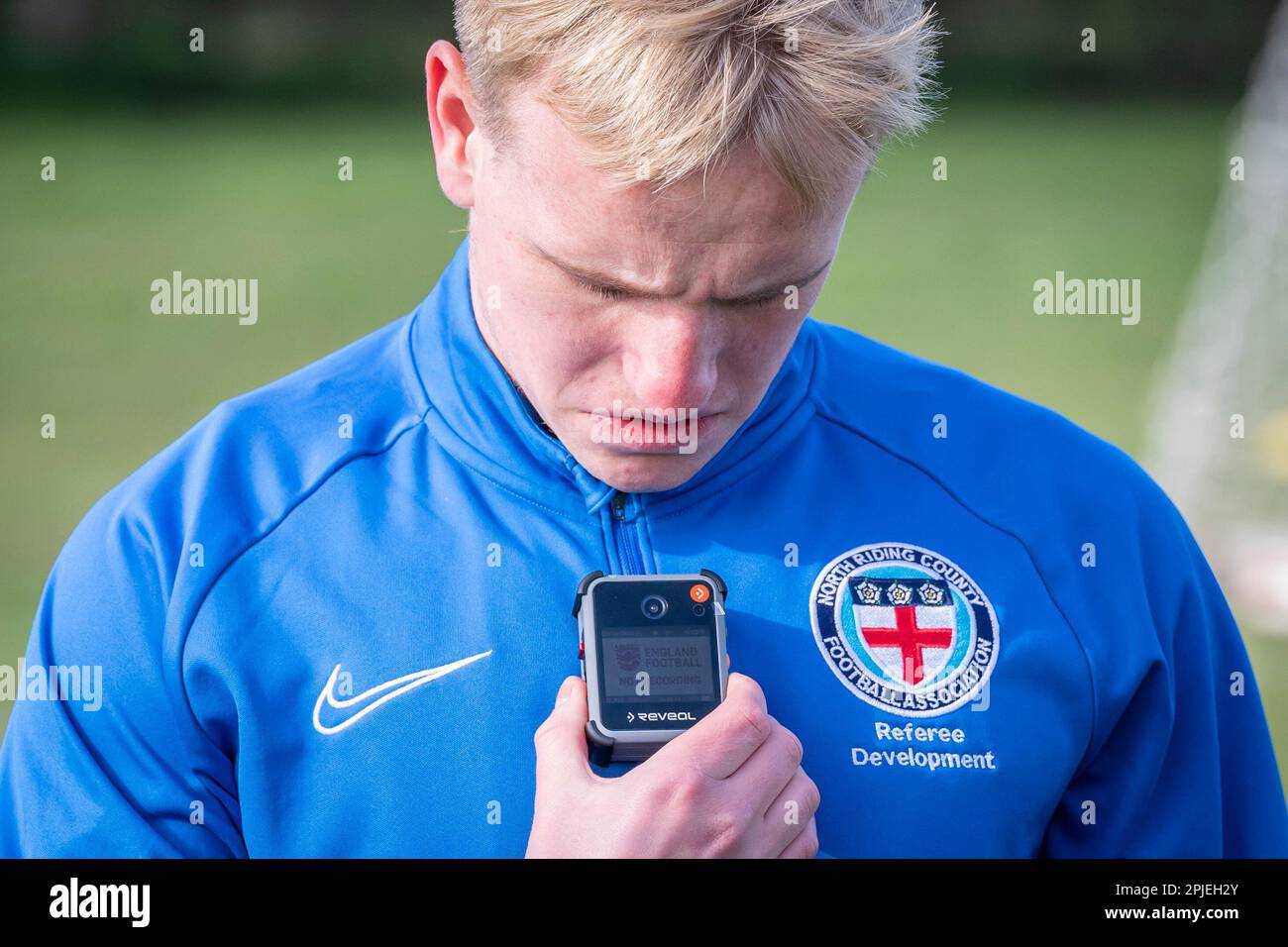 Referee Oliver Cairney with a Bodycam during a bodycam trial at North ...