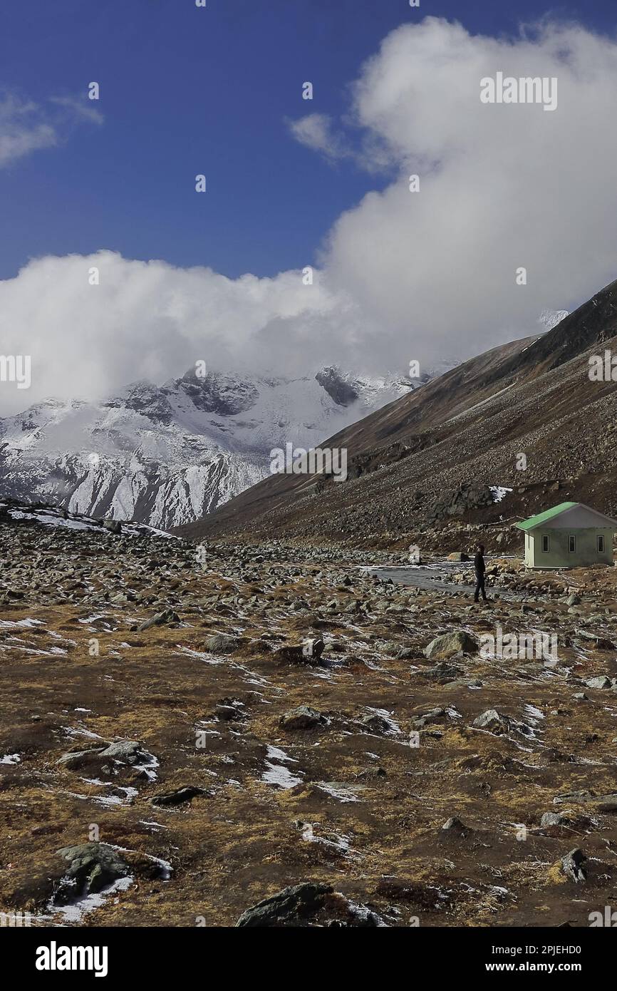 snowcapped himalaya mountain and scenic alpine yumesodong valley, also ...
