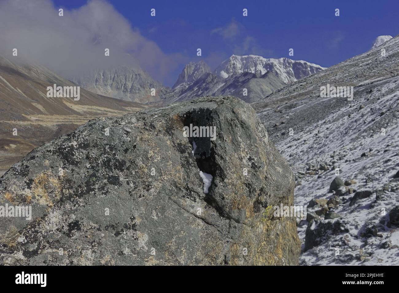 snowcapped himalaya mountain and scenic alpine yumesodong valley, also ...
