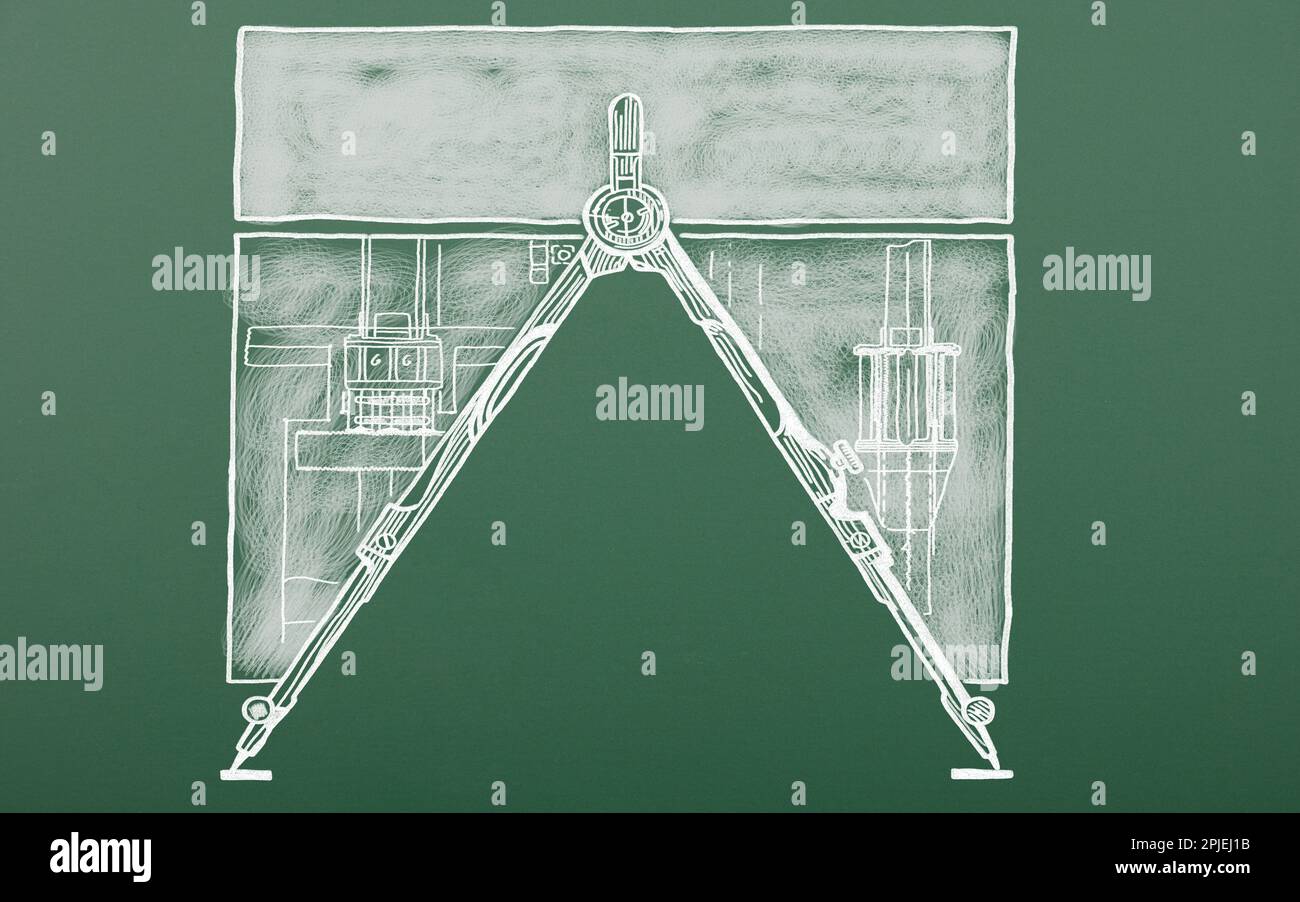 Chalk drawn sketch of a Compass (drawing tool) on schoolboard ...