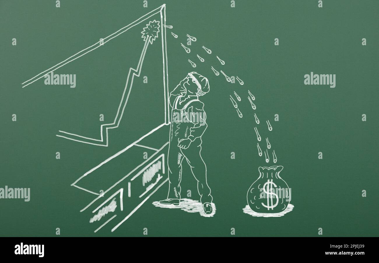 Cartoon draw style worker look at financial graph. Graph goes up and ...