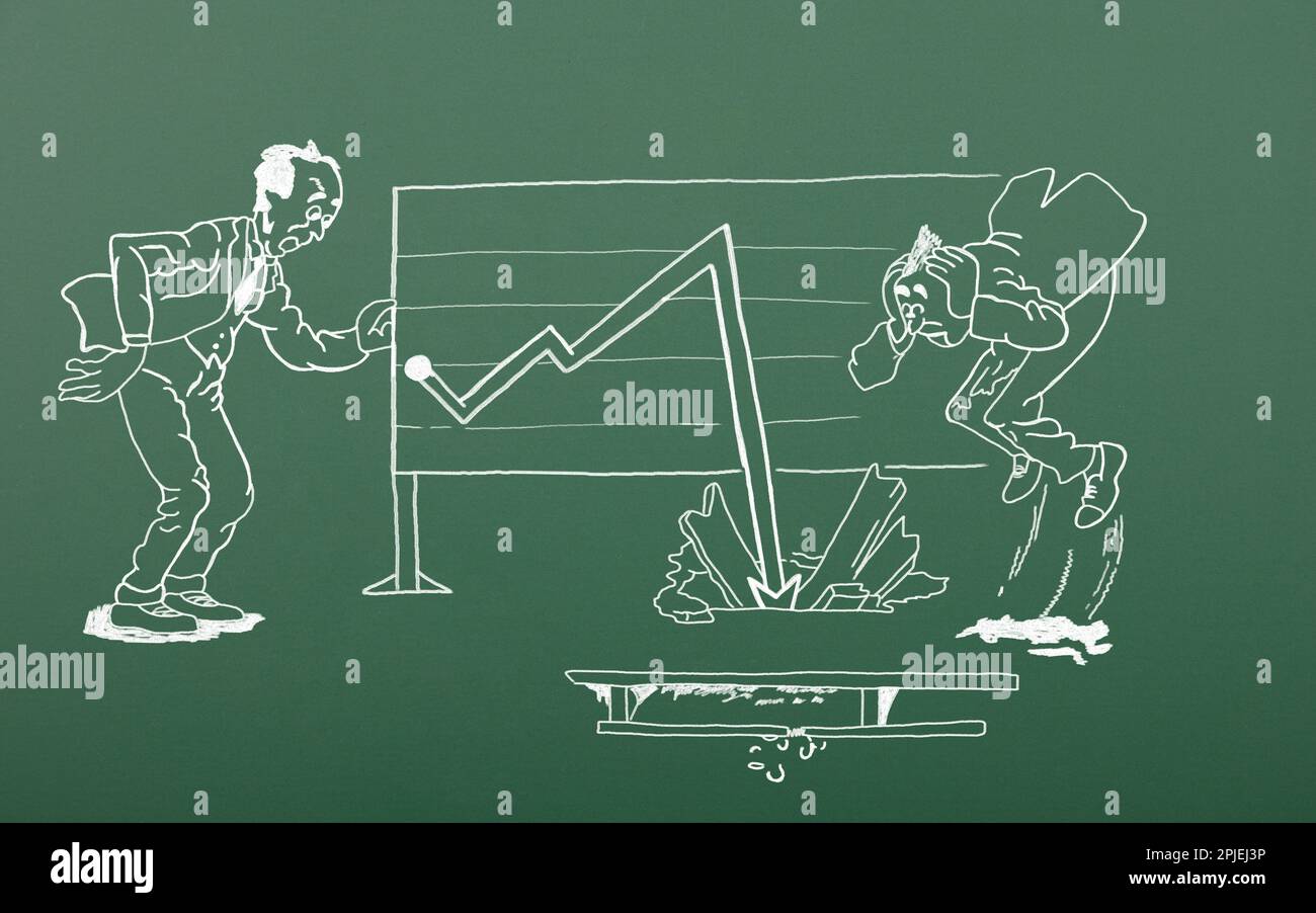 Two terrified businessman look at financial graph. Graph going down so ...