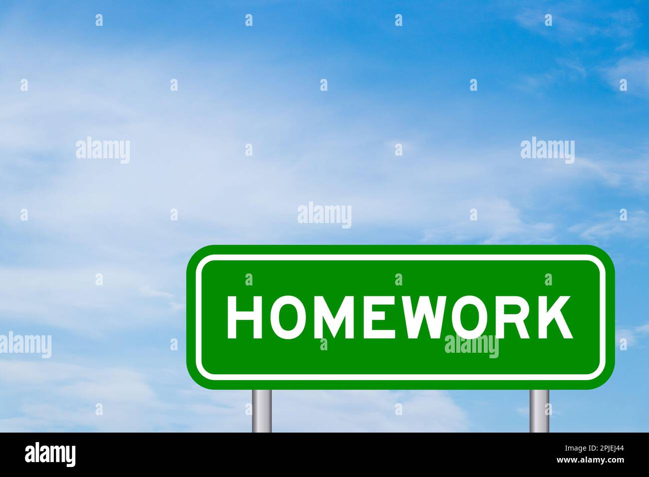 Green color transportation sign with word homework on blue sky with ...