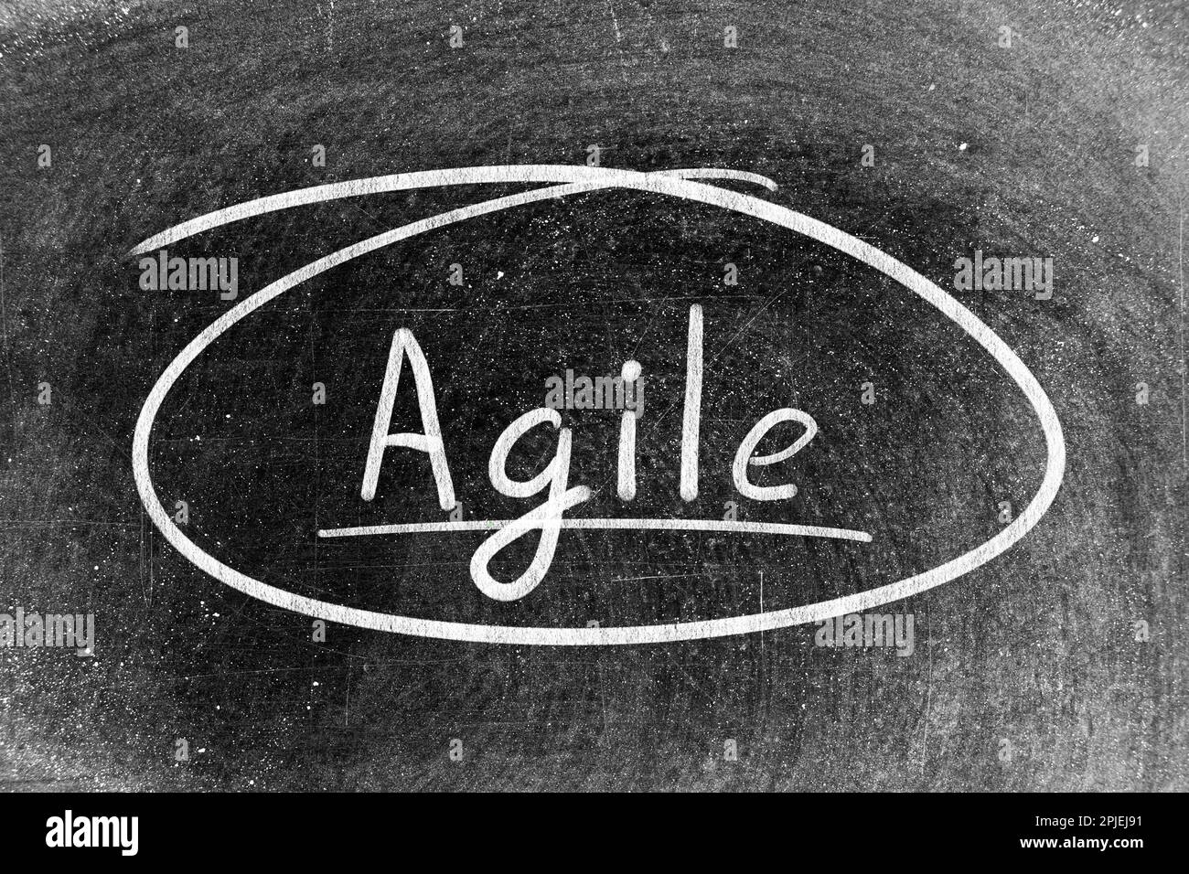 White chalk hand writing in word agile and circle shape on blackboard ...