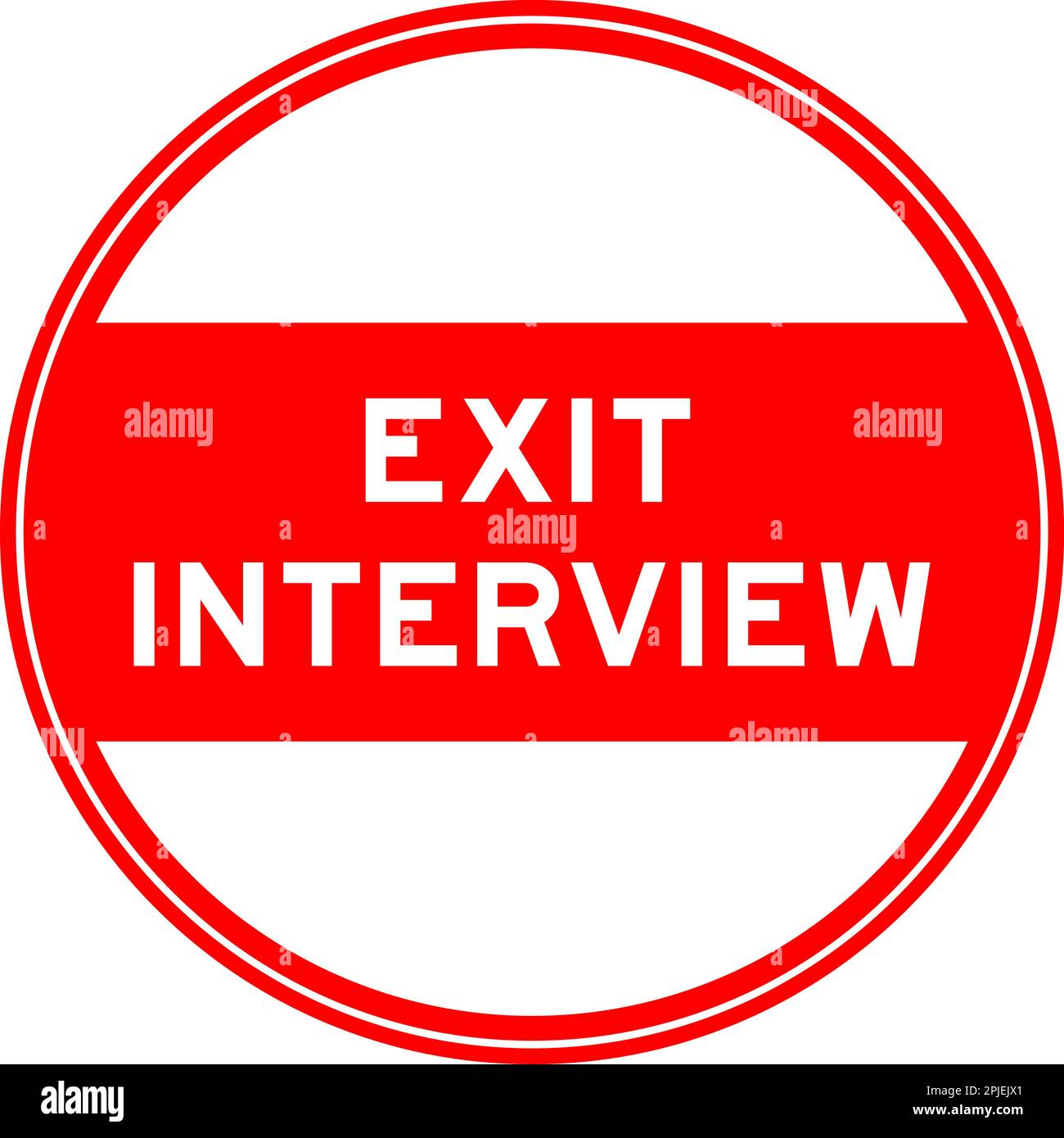 Red color round seal sticker in word exit interview on white background ...
