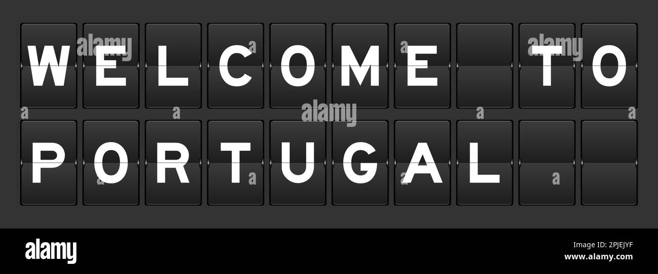 Black color analog flip board with word welcome to portugal on gray ...