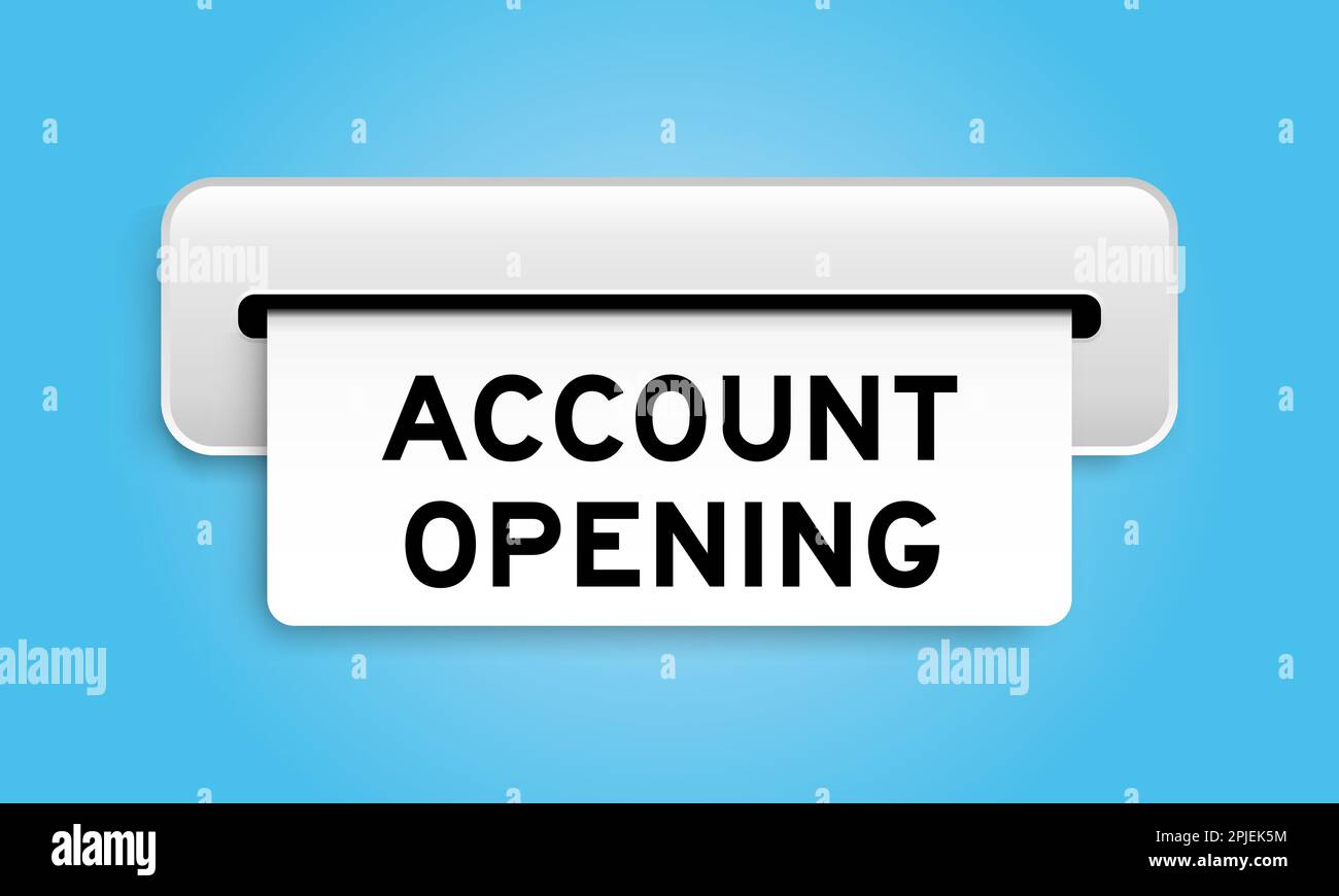 White coupon banner with word account opening from machine on blue ...