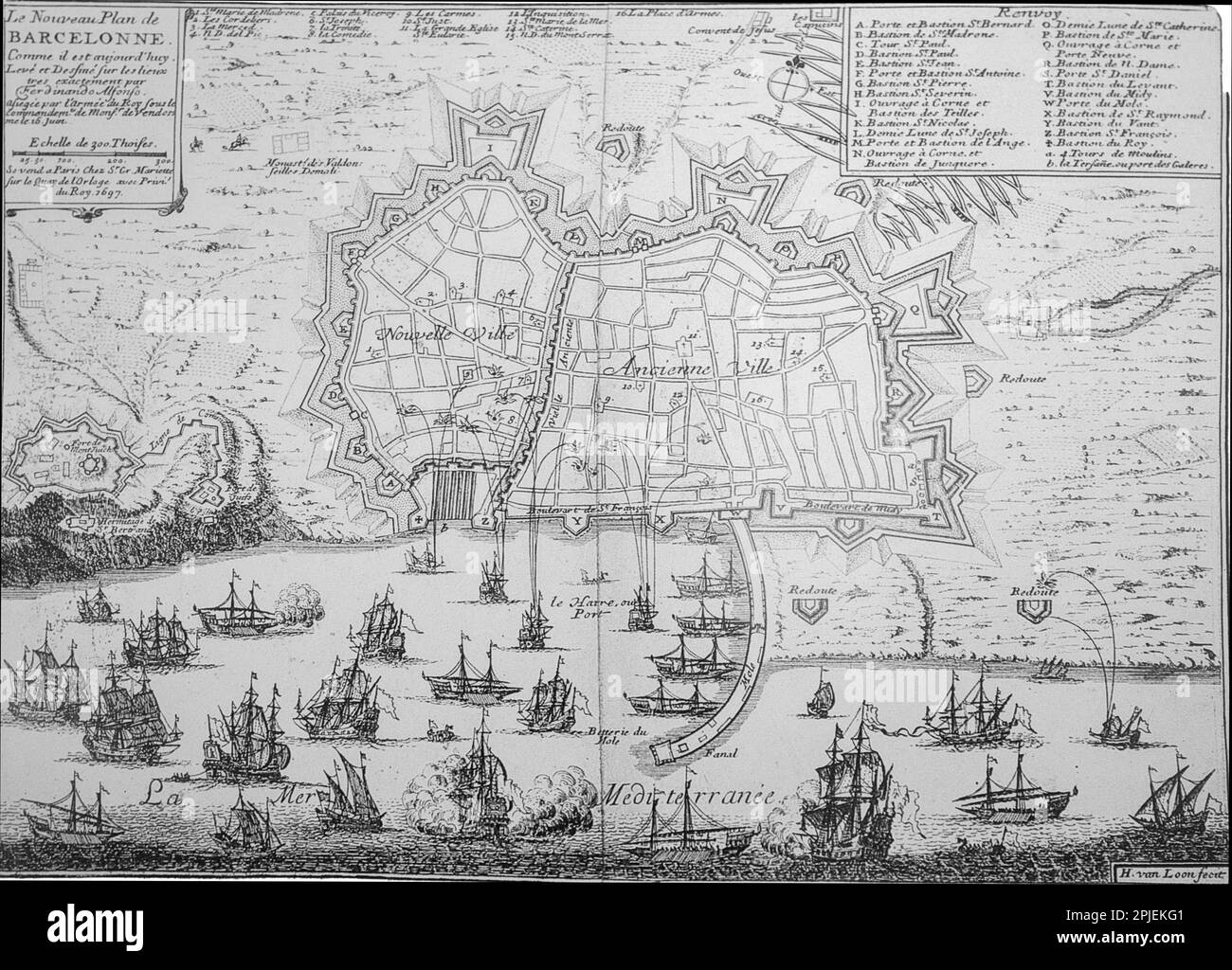 Map of Barcelona 1697. Citadel attacked from the sea. F.M. Alfonso and ...