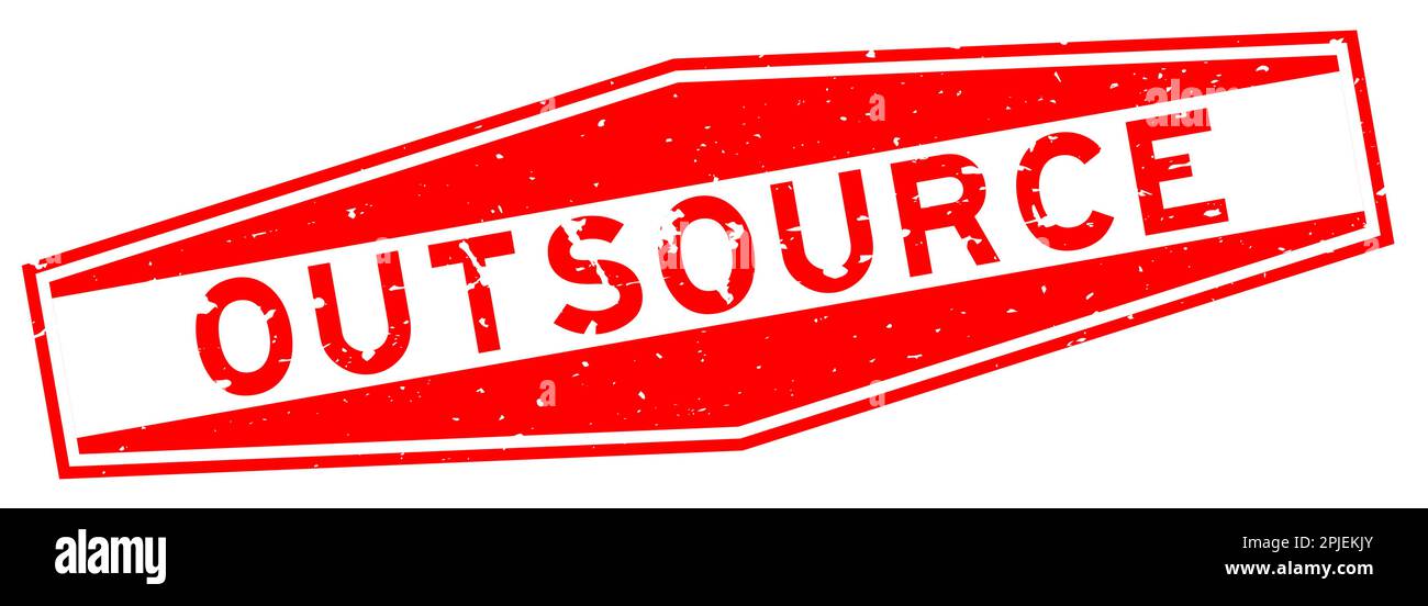 Grunge Red Outsource Word Hexagon Rubber Seal Stamp On White Background