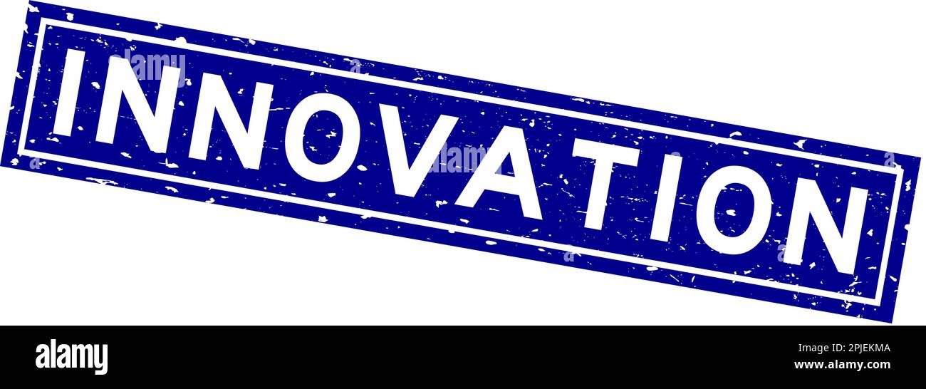 Grunge blue innovation word square rubber seal stamp on white ...