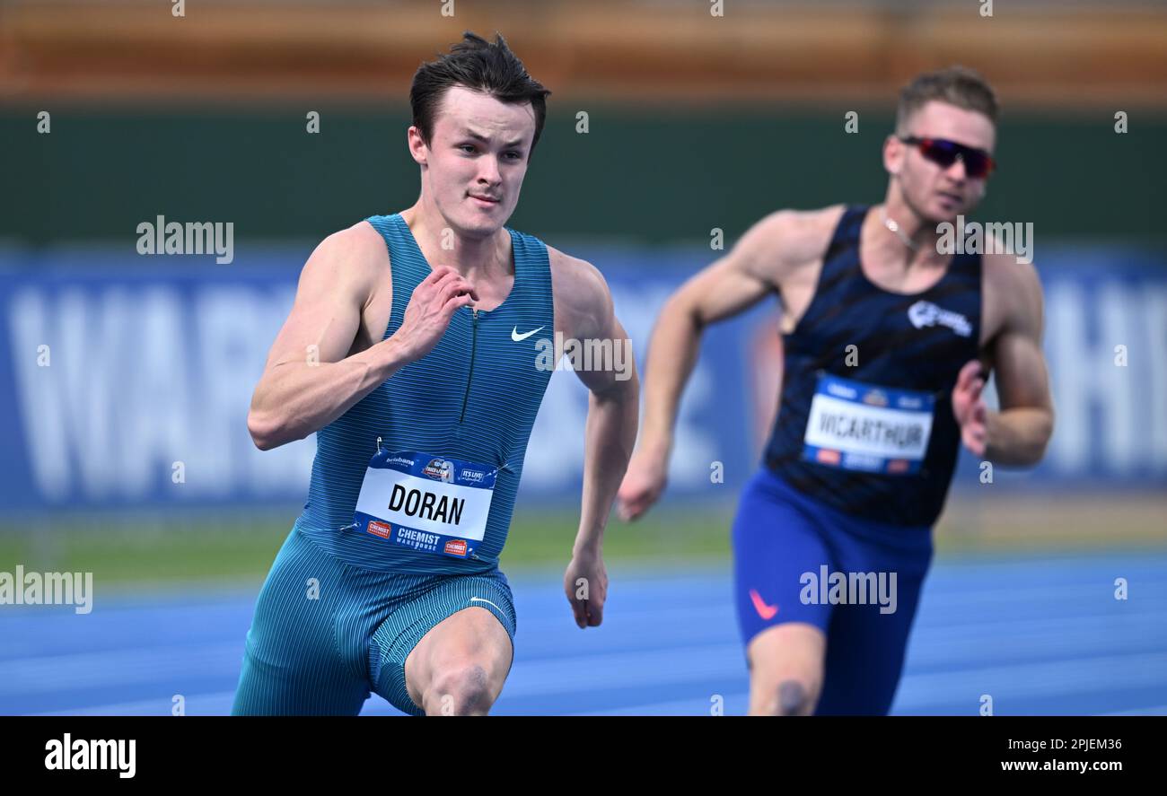 Jake Doran (left) during the men’s 200 metre heats during the 2023 Australian Track and Field ...