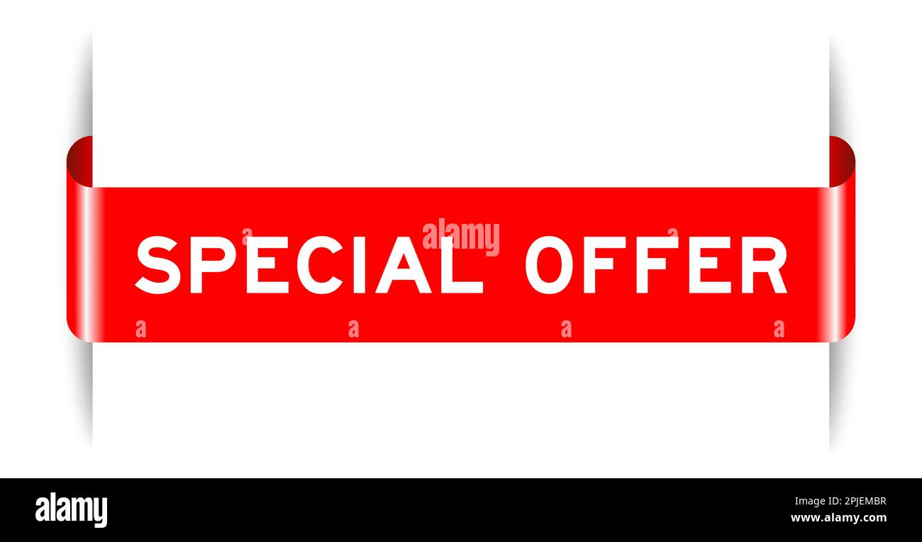 Red color inserted label banner with word special offer on white ...