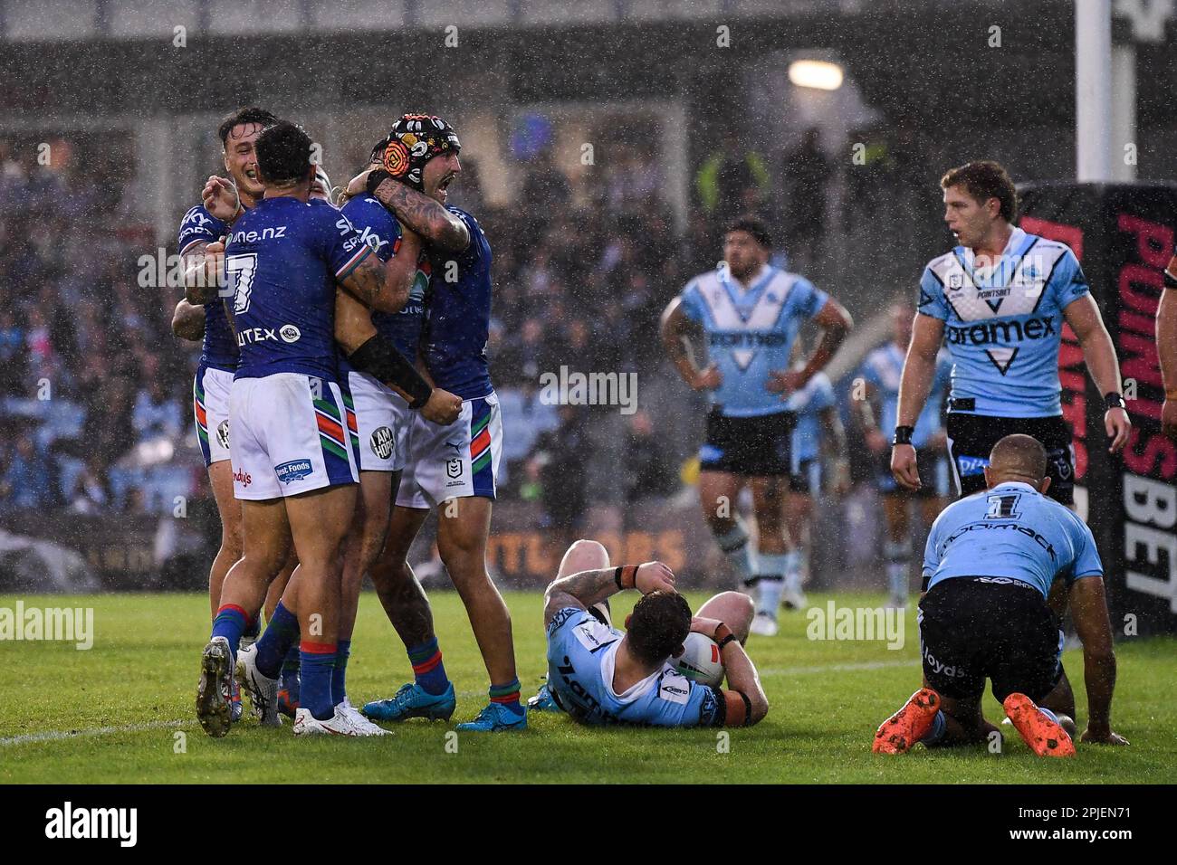 Josh Curran of the New Zealand Warriors celebrates a try during the NRL ...