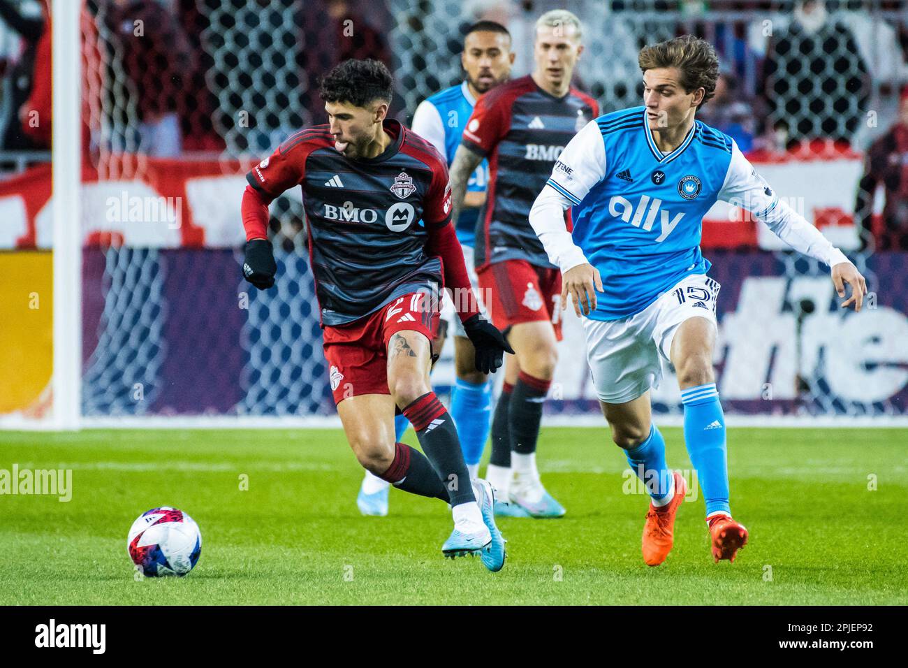 Toronto, Canada. 01st Apr, 2023. Benjamin Bender #15 (R) and Jonathan ...