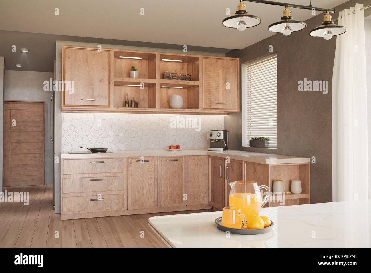 3D render interior kitchen, wooden cabinets, dining table, decorations ...