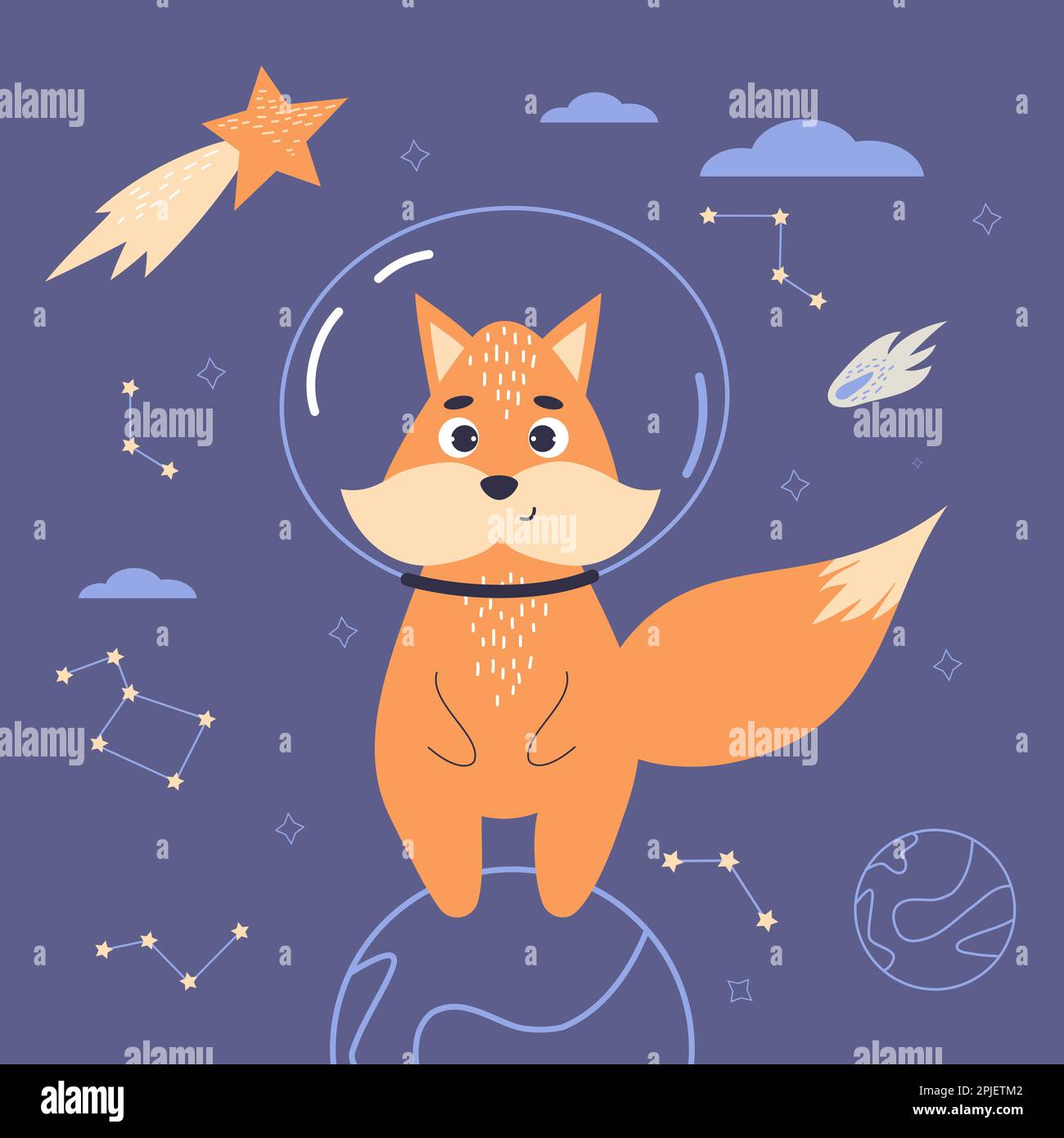 Cute astronaut fox in space on blue background with stars, planets and ...