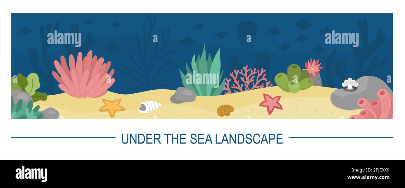 Vector under the sea landscape illustration. Ocean life scene with sand ...
