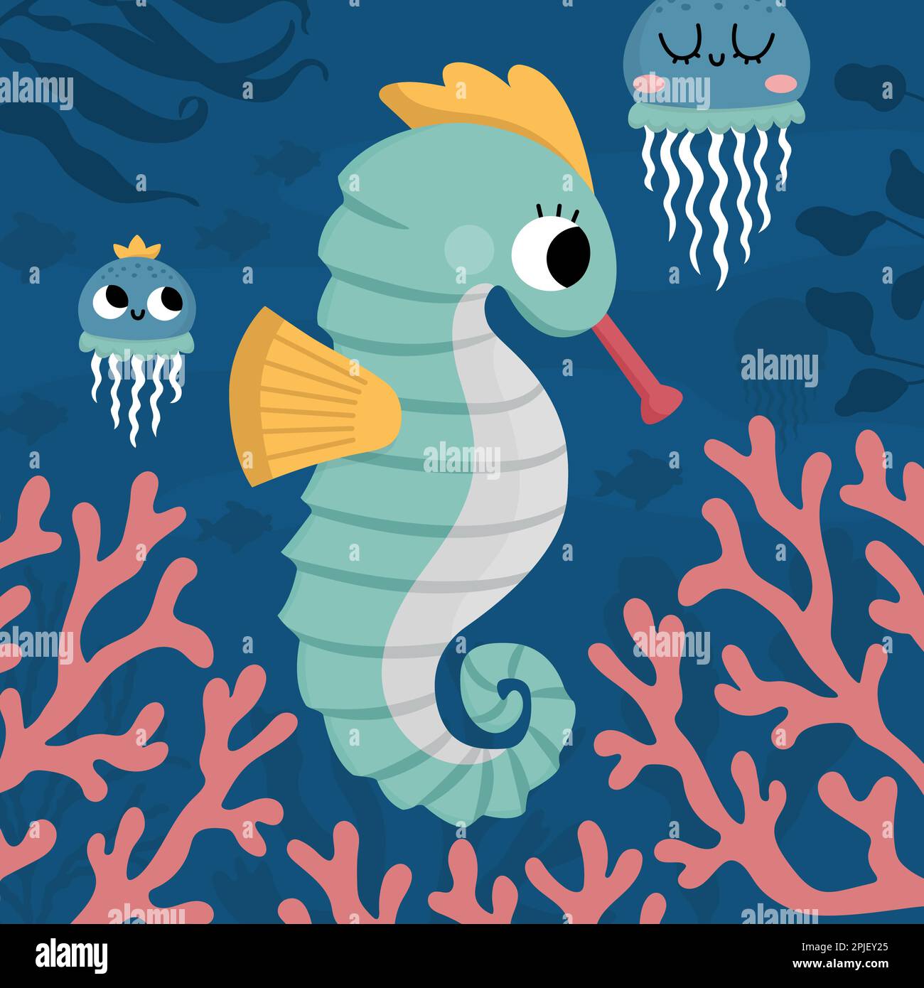 Vector under the sea landscape illustration with seahorse and corals ...
