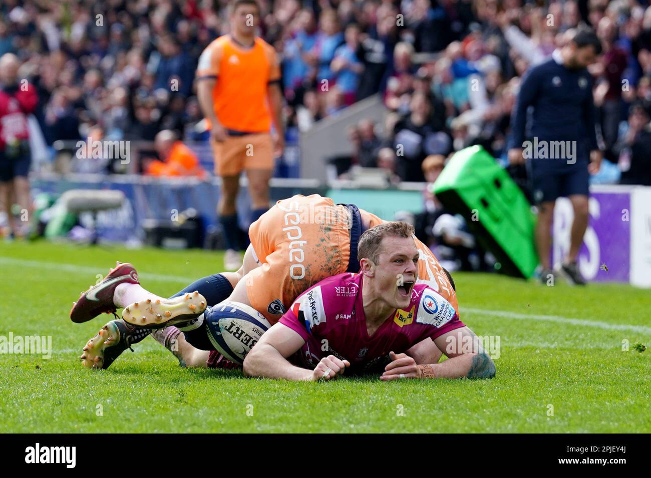 Exeter Chief’s Tom Wyatt celebrates after scoring a try during the ...