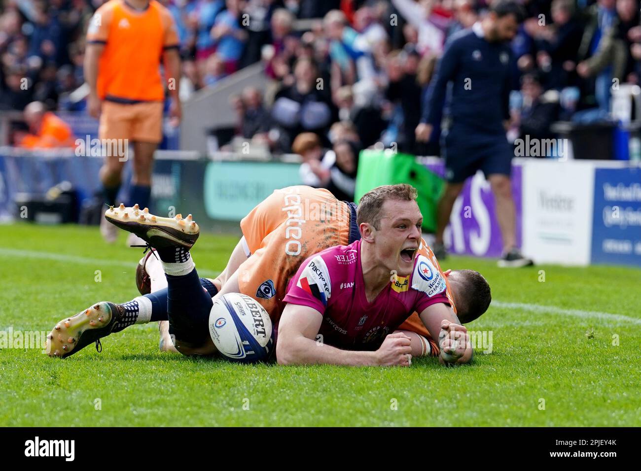 Exeter Chief’s Tom Wyatt celebrates after scoring a try during the ...