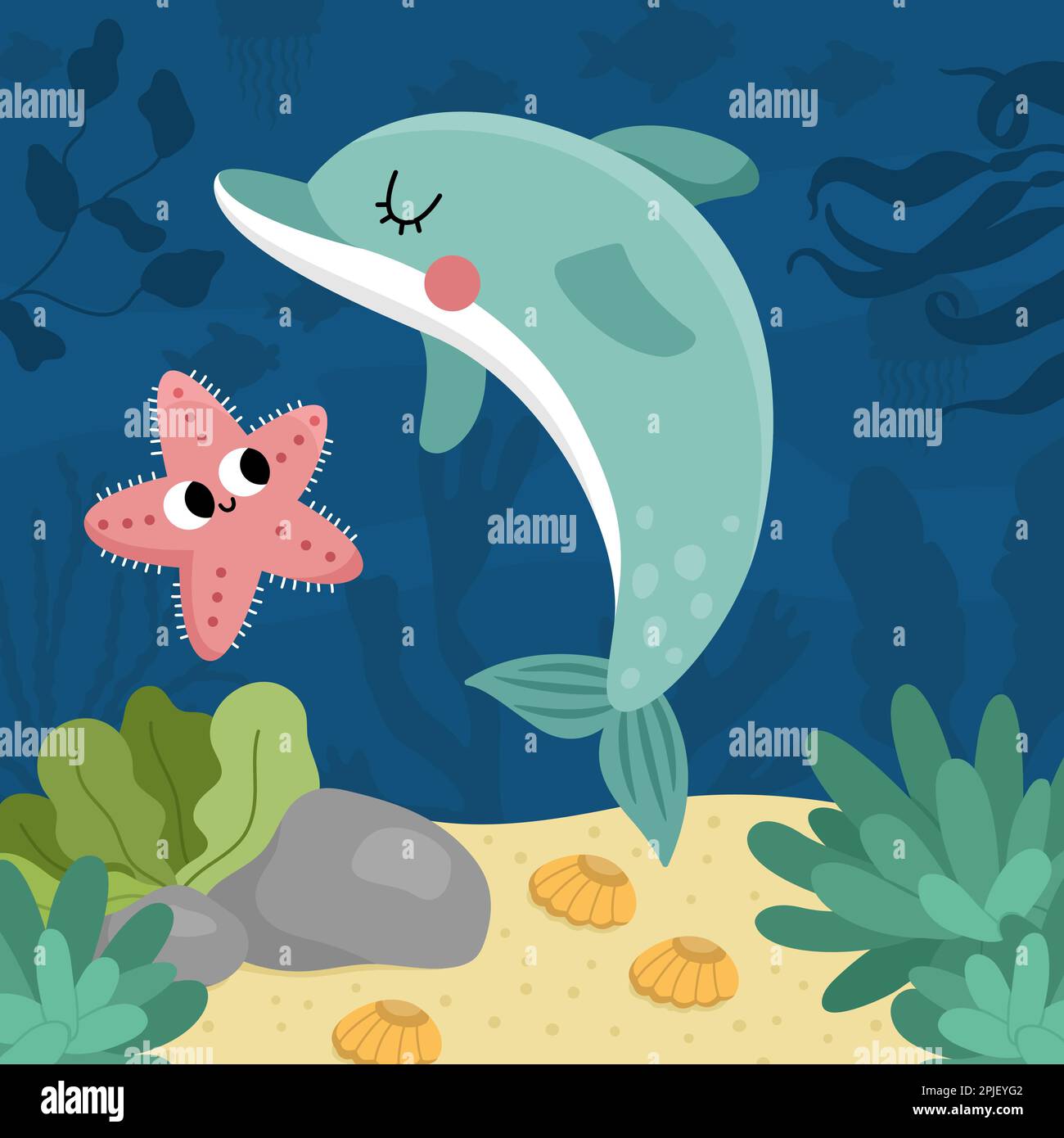 Vector under the sea landscape illustration with dolphin and starfish ...