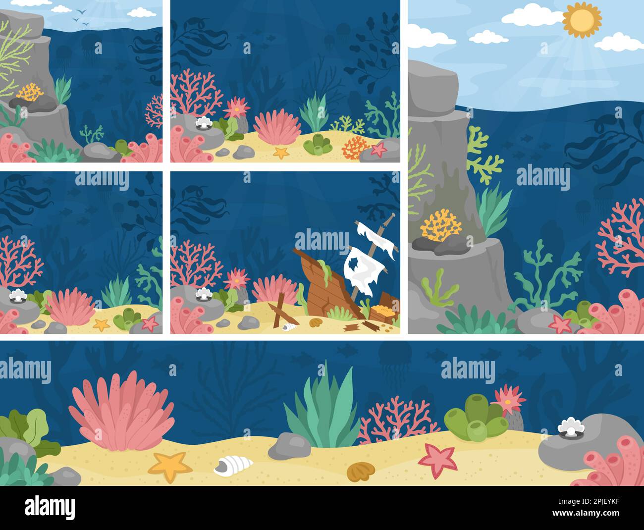 Vector under the sea landscapes set. Ocean life scenes collection with ...