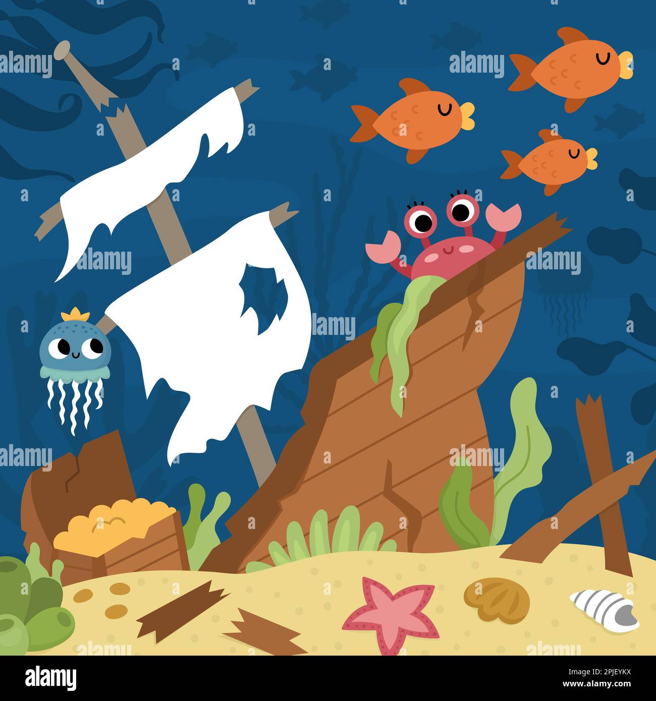 Vector under the sea landscape illustration with wrecked ship and ...