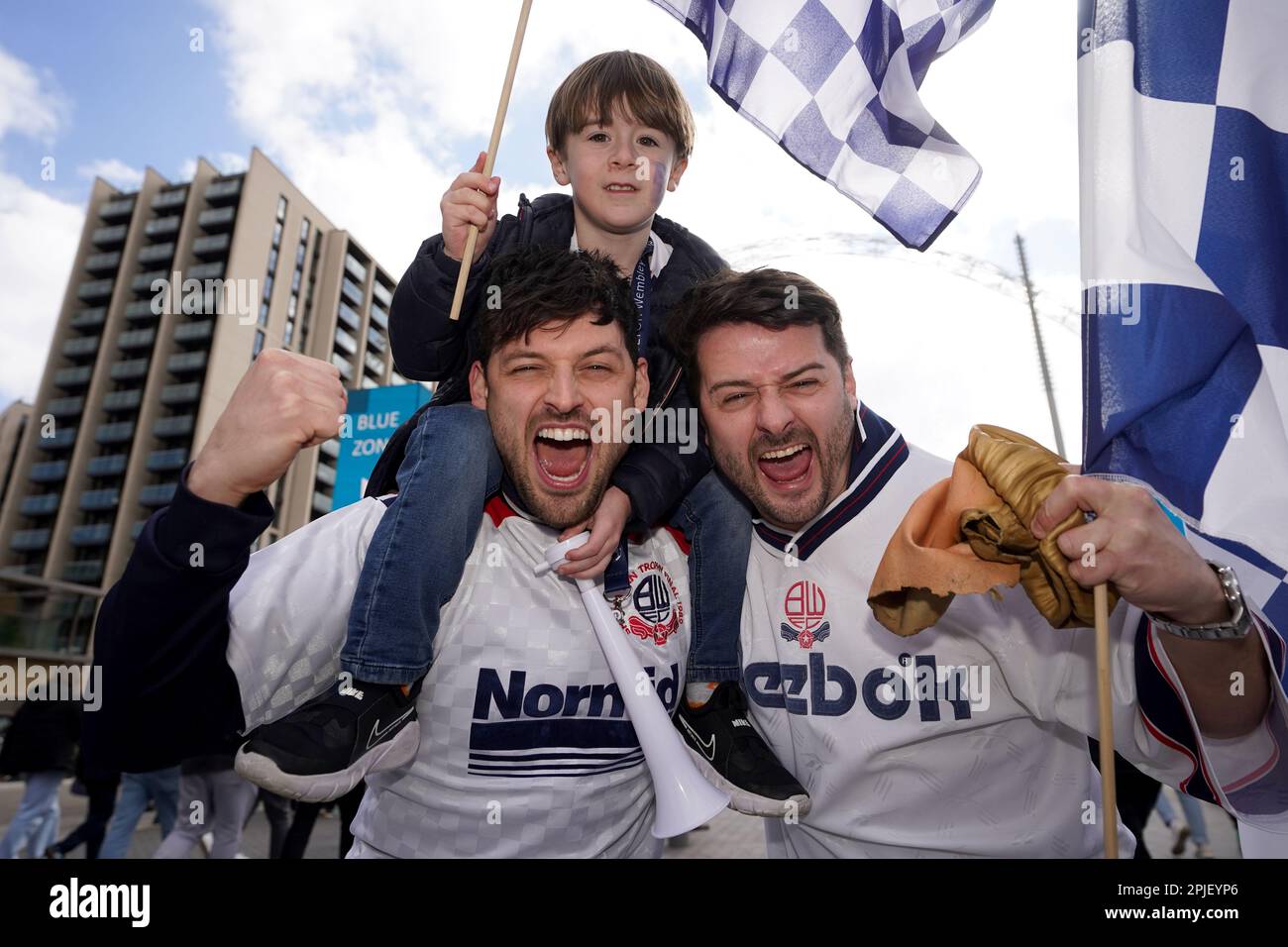 Bolton Wanderers fans pose for a photo prior to the Papa Johns Trophy ...