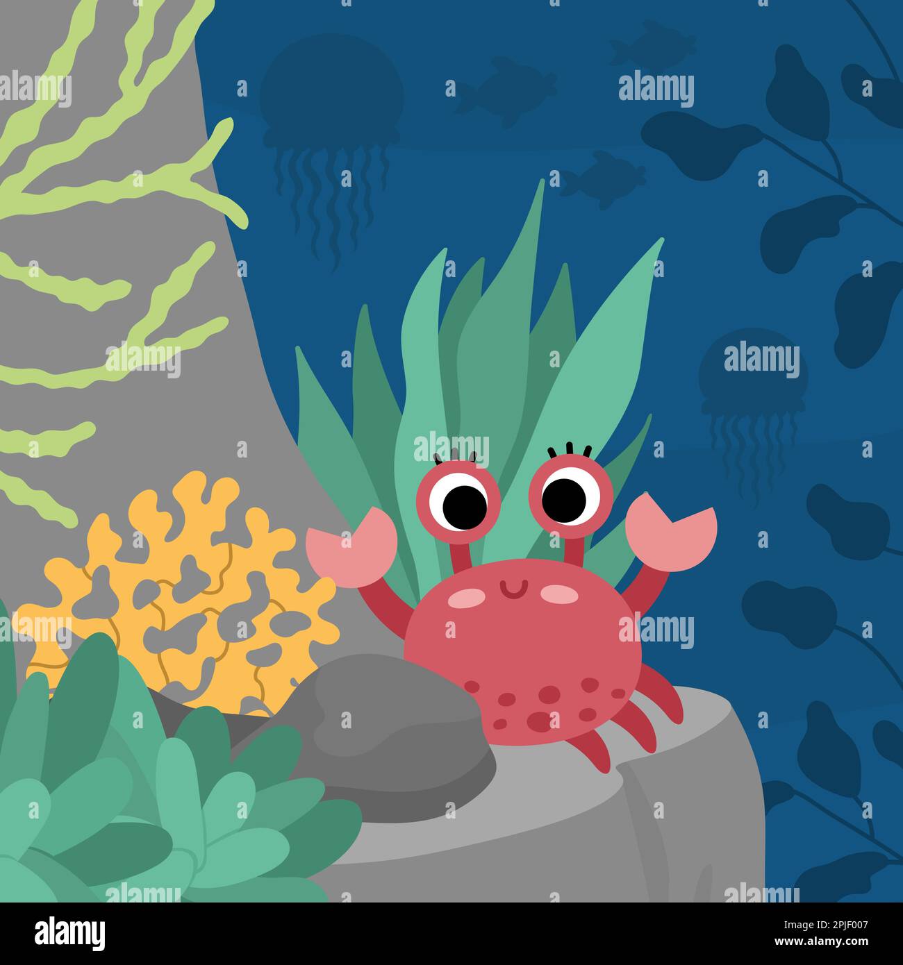 Vector under the sea landscape illustration with red crab on rock ...