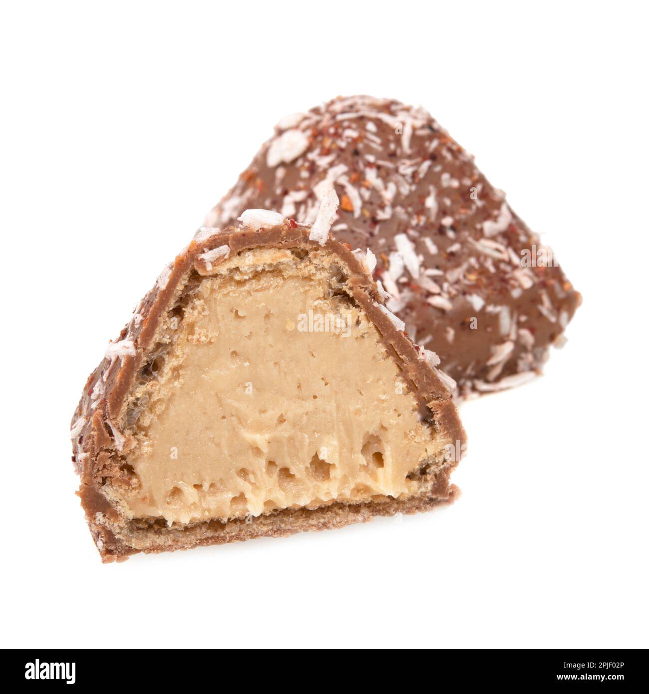 Luxury artisan waffle candy in chocolate with filling isolated on the ...