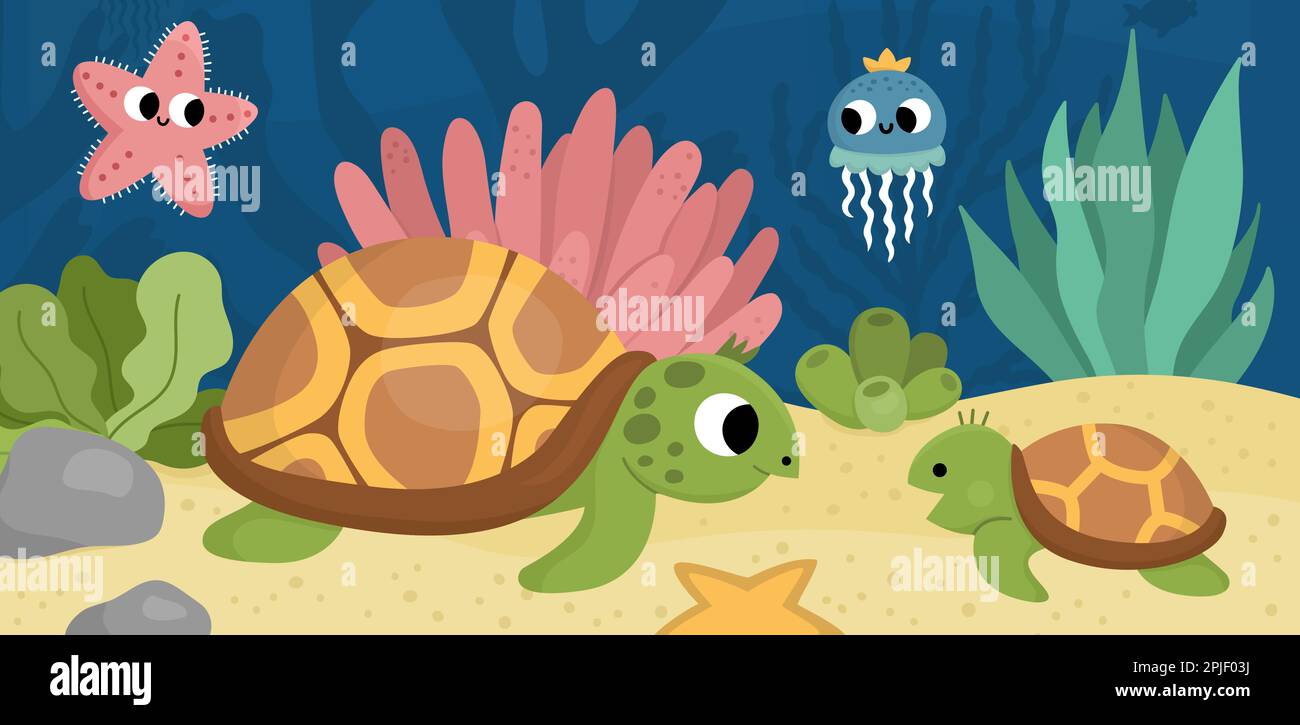 Vector under the sea landscape illustration with tortoise and baby ...